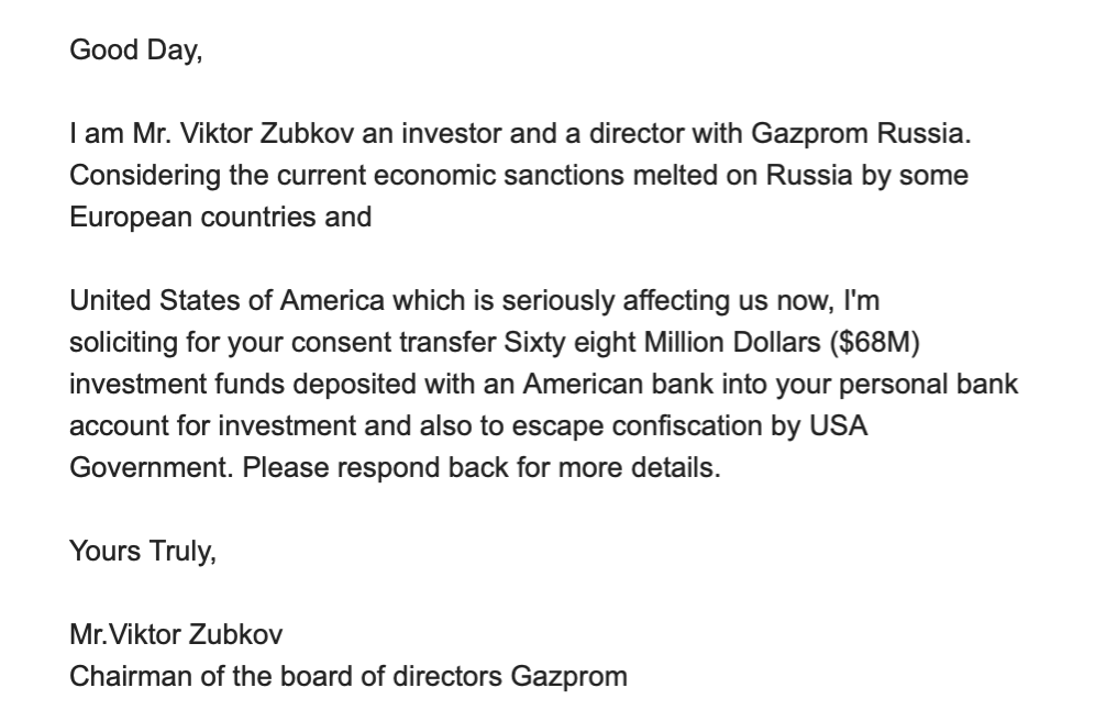 [HEADS UP] The Old "Nigerian Prince Scam" resurfaces as "Russian ...