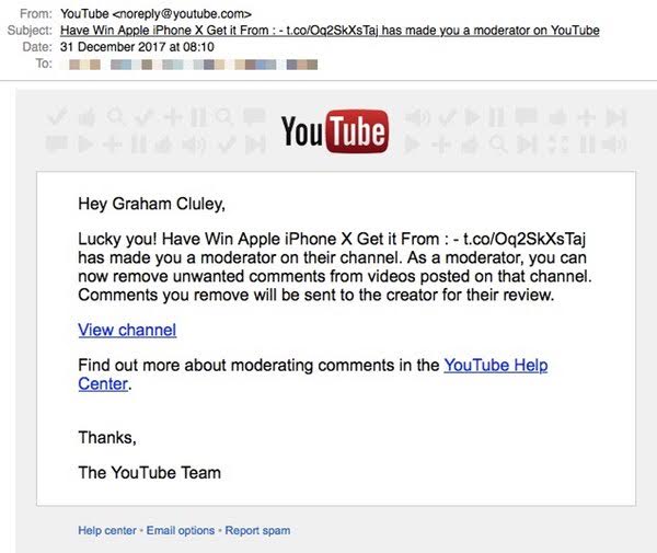 An inventive YouTube moderator phishing scam