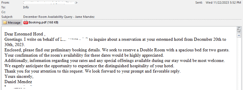 “Mr. Anon” Infostealer Attacks Start with a Fake Hotel Booking Query Email