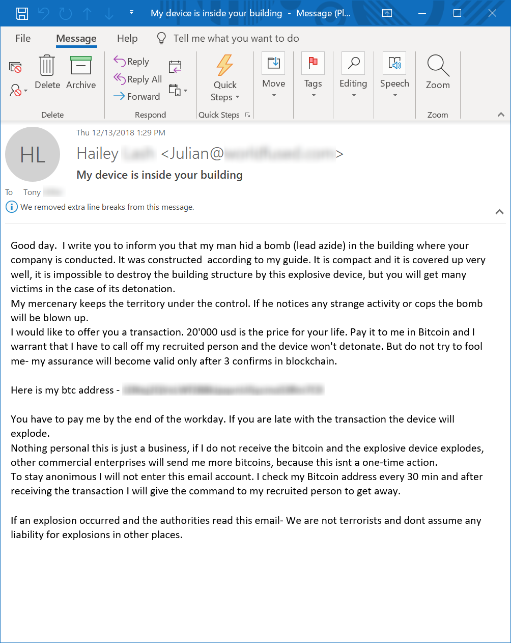 [Heads-up] New Email Extortion Scam Bomb Threat Demands Bitcoin