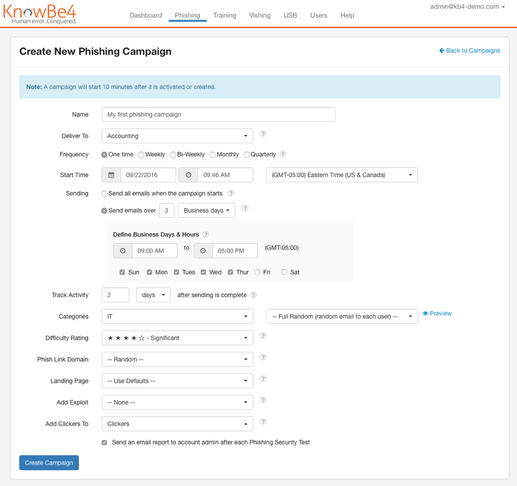 New KnowBe4 Phishing Campaign Creation Screen