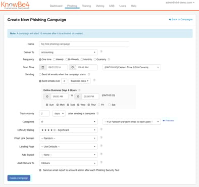 New KnowBe4 Phishing Campaign Creation Screen